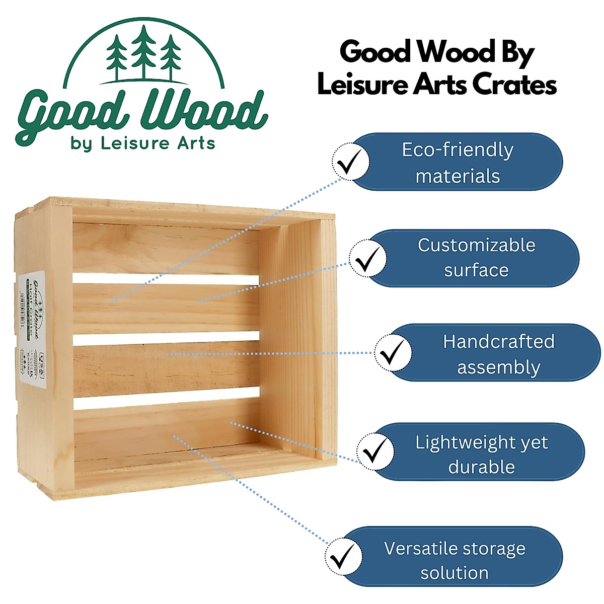 Good Wood by Leisure Arts Wooden Half Crate Craft Caddy in Unfinished Pine for Storage Wood crates, Large Decorative Boxes and centerpieces for The Home and Table 11.75" x 10x4.8"