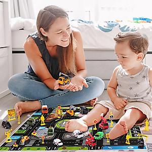 Car Toys with Play Mat, Toy Cars for Boys,Car Toys for Toddlers,Pull Back Cars Include Construction Vehicles, Fire Vehicles, etc.10 Road Signs 4 Dolls,Vehicle Toy Set for Kids.