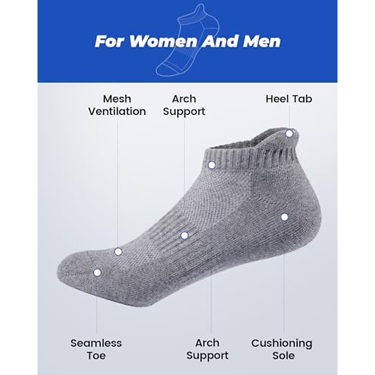 IDEGG 8 Pairs Ankle Performance Athletic Running Socks Low Cut Sports Tab Socks for Women and Men (Grey, Women Size:8-12)