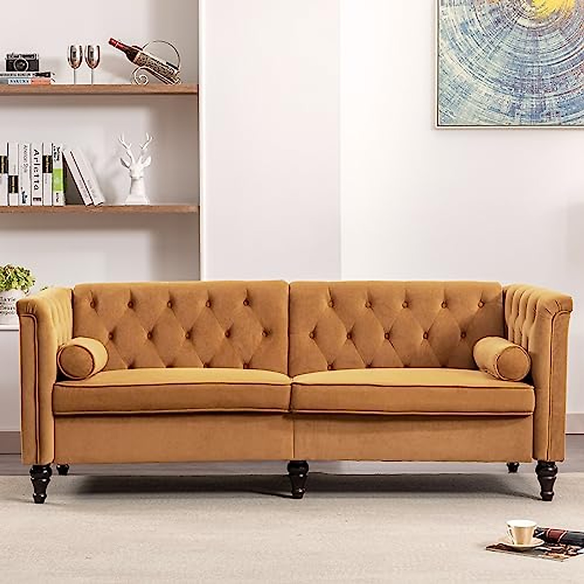 TTGIEET 76'' W Velvet Sofa Mid-Century Modern Love Seats, 3 Seater Sofa Couch with Two Bolster Pillows, Tufted futon Sofa Furniture for Living Room Bedroom Office （Ginger）