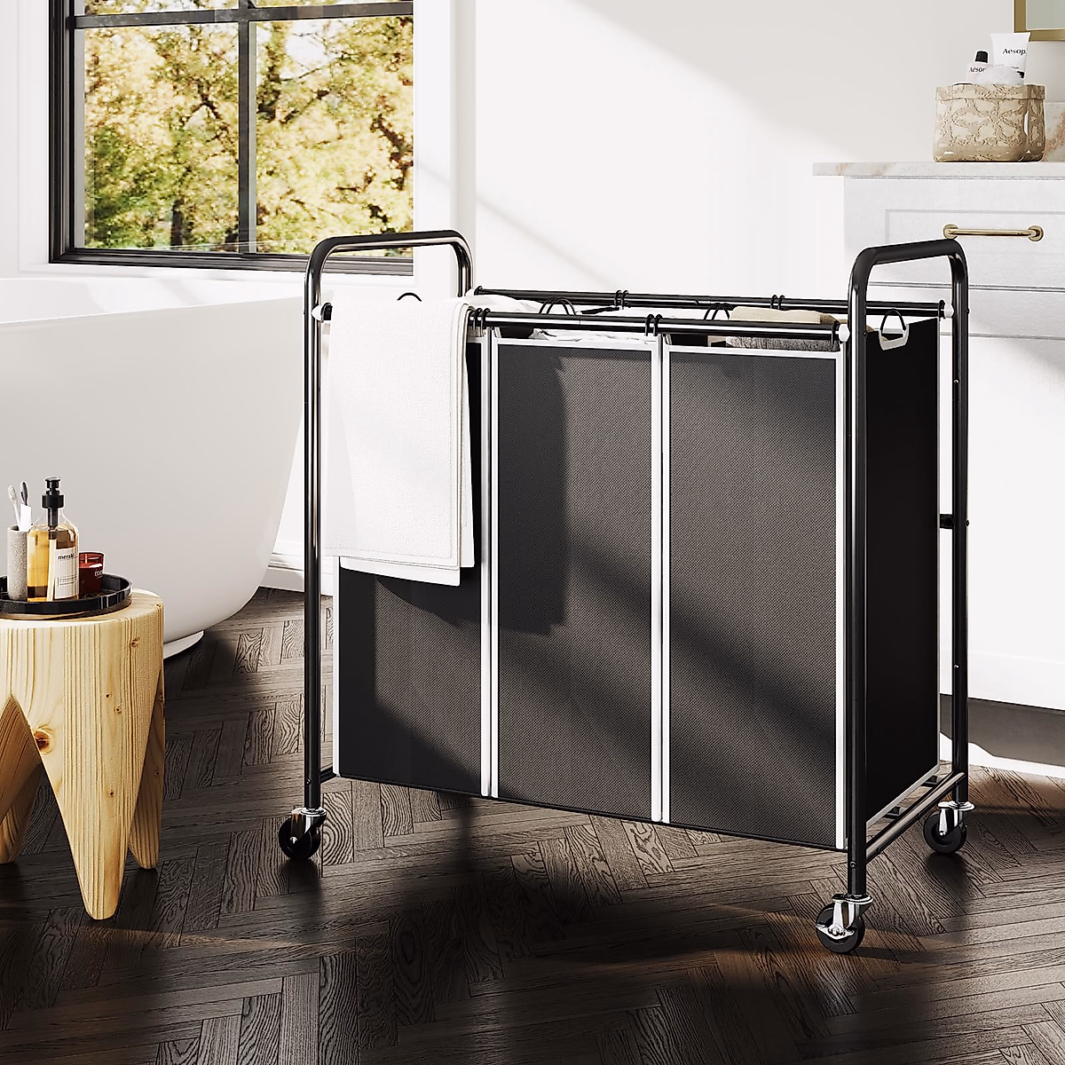 ROMOON Laundry Sorter 3 Section, Heavy-Duty Laundry Hamper with Lockable Wheels and Removable Bags, Rolling Laundry Basket Cart, Dirty clothes hampers for Family laundry, Black