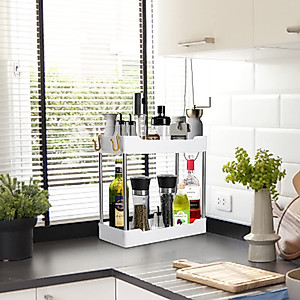 Under Sink Organizers and Storage, COCOJAM Under Kitchen Sink Organizers and Storage, 2 Tier Bathroom Cabinet Organizer with Hooks, Bathroom Storage Organizer Multi-purpose, White