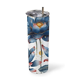 Medpol Blue Lotus tumbler with lid and straw 20 oz insulated tumbler cups Blue Lotus insulated travel coffee mugs for women cute sippy cups stainless insulated travel cups