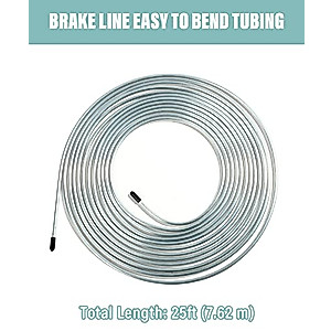 YAKEFLY 25 Ft Flexible Tube Line Roll,1/4" Brake Line Tubing Kit,Copper Coated Alloy Brake Line Tubing Coil with 16 Inverted Flare Fittings,Fuel Line Coil(Silver)