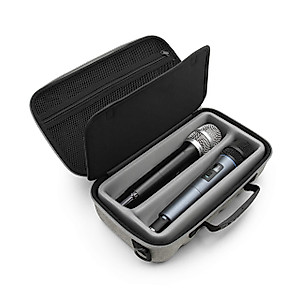 CASEMATIX Dual Wireless Microphone Case for Wireless Mic System Compatible with Sennhesier, Shure Microphones and More, Dual Mic Bag with Shoulder Strap and Hard Shell Gray Exterior