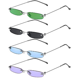 4 Pairs Women Thin Vintage Sunglasses Rectangle Sunglasses Small Skinny Glasses Retro Designer Style Rimless Sunglasses with Metal Frame Narrow Vintage Eyewear for Men Women
