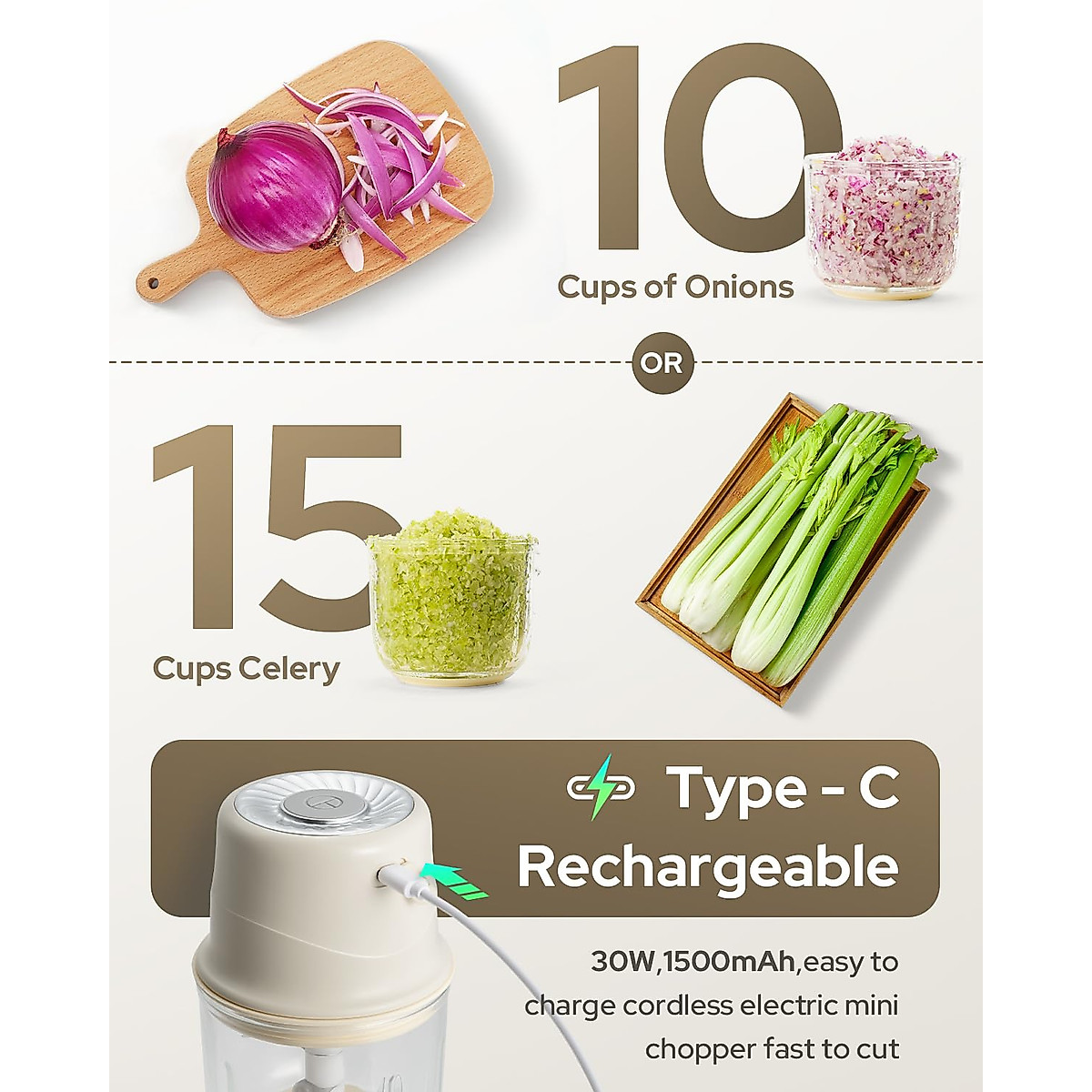 Garlic Chopper, IMC-3001E Electric Mini Chopper With 300 ml Glass Bowl & Triple-layer Blade, Portable Veggie Chopper With Type-C Charging Cable to Cutting Onions, Peppers, for Home, Camping, Travel