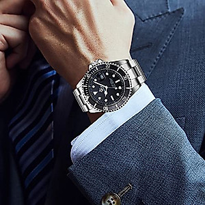 FANMIS Mens Luxury Watches Rotatable Bezel Sapphire Glass Luminous Hand Quartz Silver Tone Stainless Steel Watch (Black)