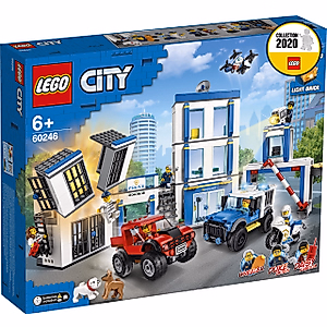 LEGO 60246 City Police Station Building Set with 2 Truck Toys, Light & Sound Bricks, Drone and Motorbike