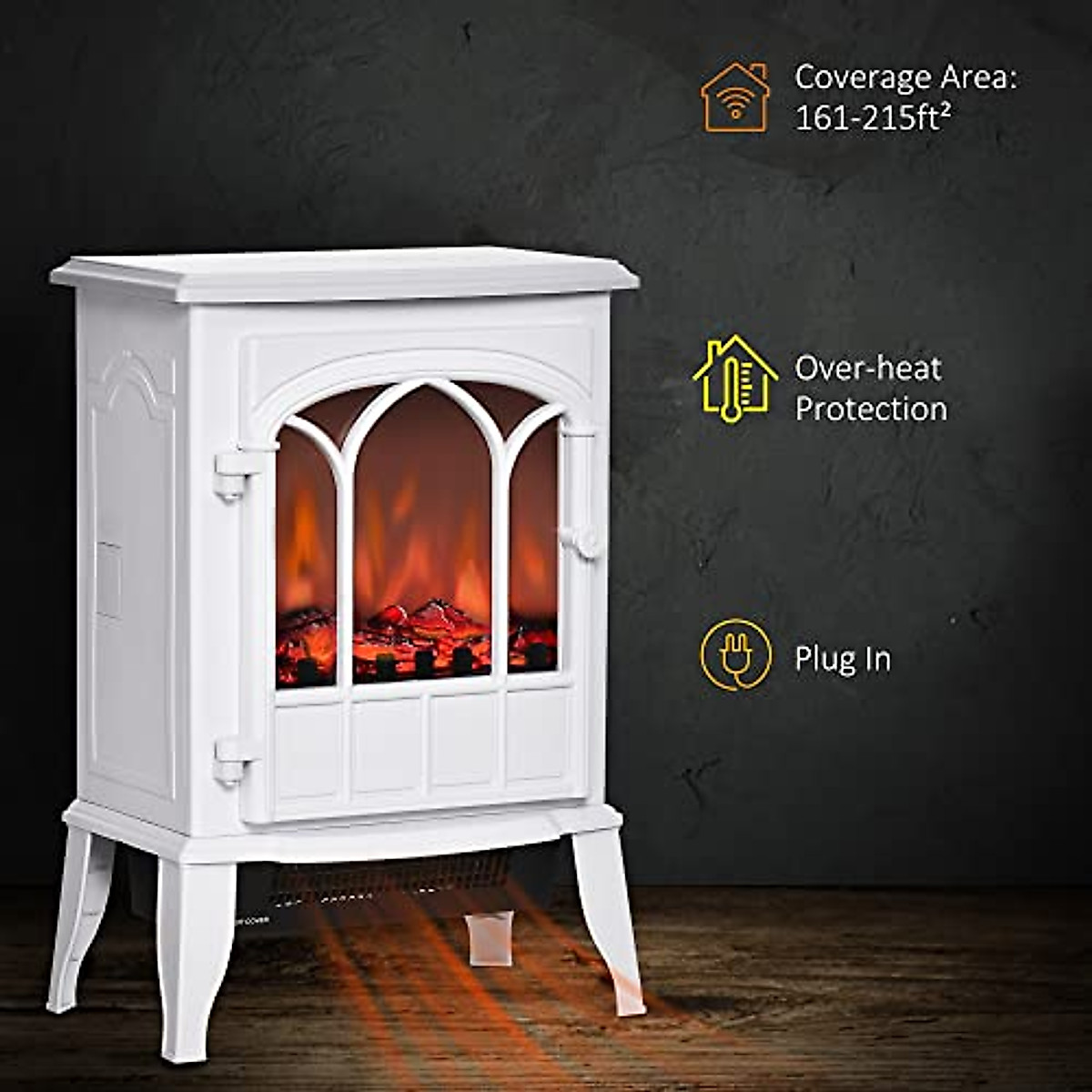 HOMCOM 22" Electric Fireplace Stove, Freestanding Fireplace Heater with Realistic LED Flame, Adjustable Temperature, Overheat Protection, 750W/1500W, White