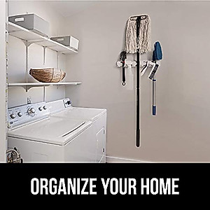 Gorilla Grip Mop and Broom Holder, Easy Install Wall Mount Storage Rack, Organize Cleaning Supplies, Garden Tools, Organizer for Home Kitchen, Garage Closet, Pantry Laundry Room, 5 Slot 6 Hooks, Black