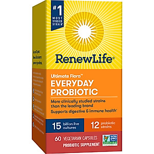 Renew Life Everyday Probiotic Capsules, Daily Supplement Supports Urinary, Digestive and Immune Health, L. Rhamnosus GG, Dairy, Soy and gluten-free, 15 Billion CFU, 60 Count