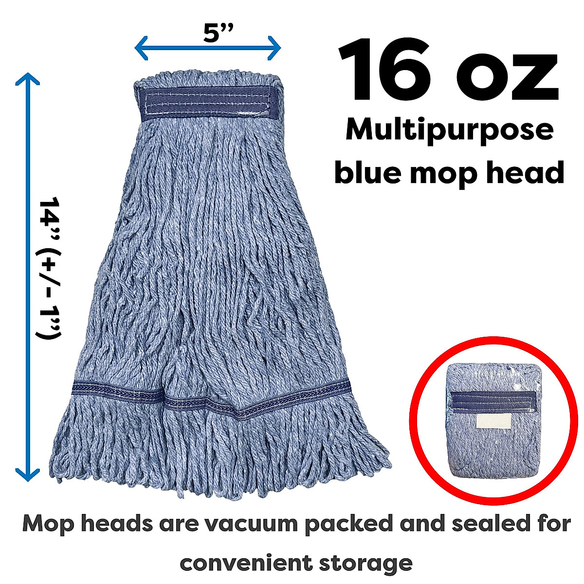 GSD Brand Blue Commercial Mop Head Replacement. Looped End Prevents Tangling and Twisting. Industrial Mop Heads. Synthetic Cotton Blend for Maximum Absorption. Wide Universal Headband. 3 Pack