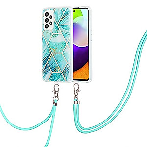 Samsung Galaxy A52 Phone Case,SZYZ Lady's Plating Marble TPU Bumper Protective Case with Removable Portable Lanyard and Screen Protector Function for Samsung Galaxy A52 YBGS Blue