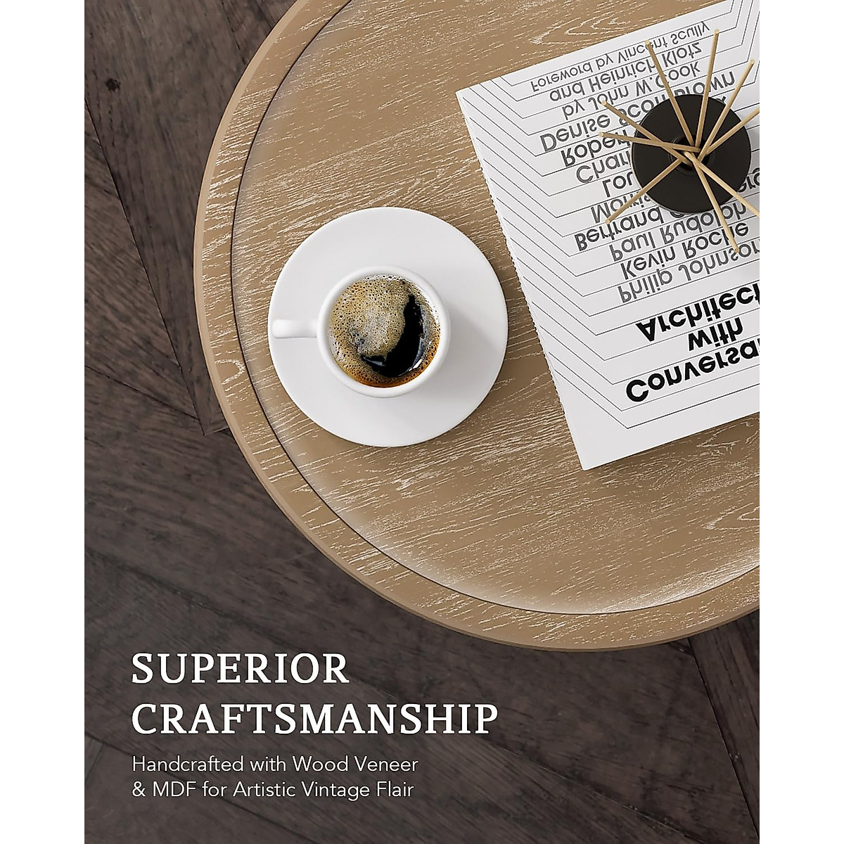 VONLUCE Farmhouse End Table,17.7'' Round French Country Side Table,Distressed Wood Tray Top Rustic Accent Table with Lipped Edge for Living Room Dining Room Bedroom,Small Space,Beige