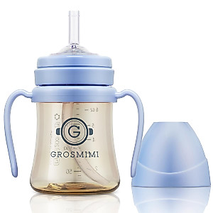 GROSMIMI Spill Proof no Spill Magic Sippy Cup with Straw with Handle for Baby and Toddlers, Customizable, PPSU, BPA Free 6 oz (Sky blue)