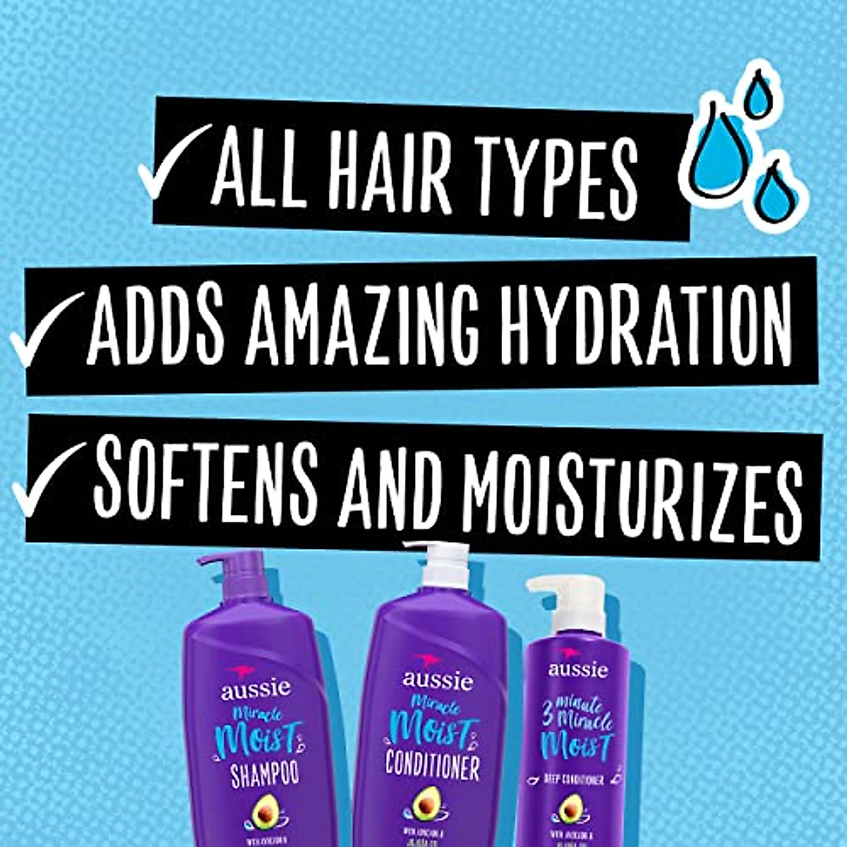 Aussie Miracle Moist Shampoo, and 3 Minute Miracle Deep Conditioner Hair Treatment Bundle, Infused with Avocado & Australian Jojoba Oil, Paraben Free, White, Citrus, 3 Piece Set