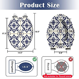 Elongated Toilet Seat Spanish tile pattern seamless blue white ornament Portuguese mexican Resin Toilet Seat Quietly Slow Close with Quick-Release Hinges Toilet Seat with Cover Easy to Clean Install