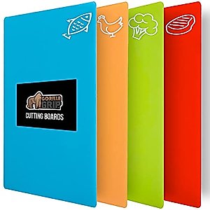 Gorilla Grip Cutting Boards for Kitchen, Set of 4 Durable Mats with Food Icons, Flexible Dishwasher Safe Plastic, Slip Resistant BPA Free Large Mat for Meat, Fish, Vegetables, Chopping Board, Multi