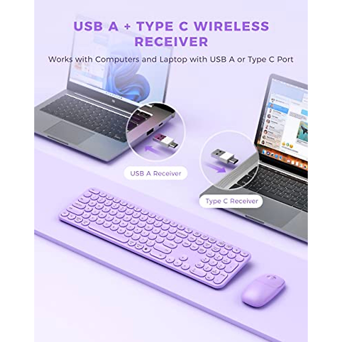 PEIOUS Purple Wireless Keyboard & Mouse | Mac/PC & Type-C
