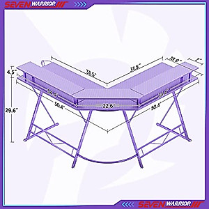 SEVEN WARRIOR Gaming Desk 50.4” with LED Light & Power Outlets, L-Shaped Gaming Desk Carbon Fiber Surface with Monitor Stand, Ergonomic Gamer Table with Cup Holder, Headphone Hook, Purple
