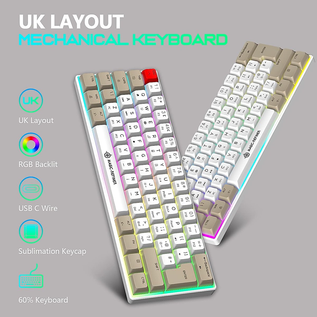 LexonElec 60% Mechanical Gaming Keyboard, Linear Red Switches, RGB Backlit Compact Mechanical Keyboard, PBT Dye-Sub XDA Keycaps, Multimedia Keys, 62-Key Anti-Ghosting Mini Keyboard, for Win/Mac/PC/PS4