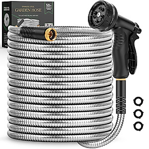 Garden Hose 50 FT, Metal Stainless Steel Water Hose with 10 Function Nozzles, No Kinks, Flexible Hose, Lightweight, Puncture Proof, Heavy Duty Hose for Yard and Outdoor