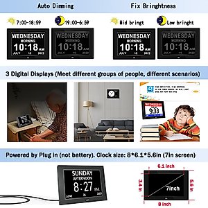FEYBYLA Alarm Clock with Day and Date for Elderly 7inch Digital Calendar Clock Photo Frame- Auto Dimmable Display 15 Alarm Options, Clock with Non-Abbreviated Day & Month