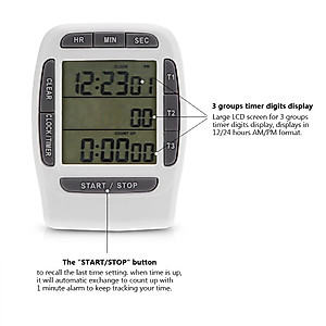 Timer, Kitchen Timer, LCD Large Display 3 Channels Digital Timer, Loud Volume Alarm Desk Timers for Kitchen,Classroom, Teacher, Toothbrush, Exercise, Oven, Baking, Table
