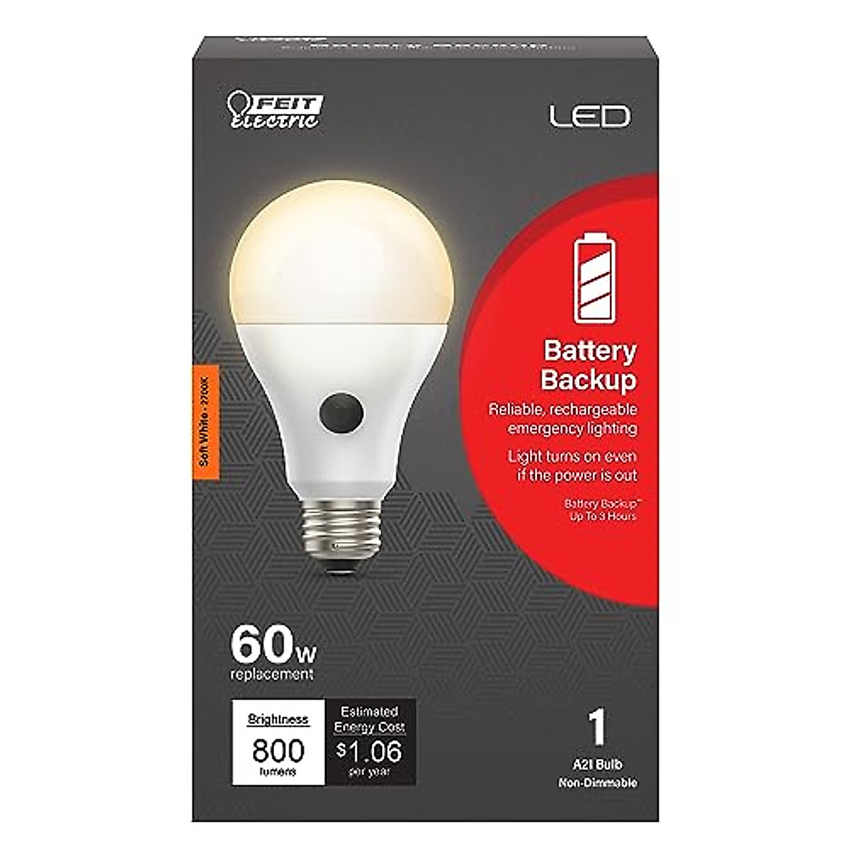 Feit Electric LED Built-in Battery Backup Intellibulb - A21 with an E26 Medium Base Light Bulb - 60W Equivalent - 15 Year Life - 800 Lumen - 2700K Soft White