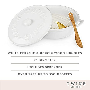 Twine, Brie Baker with Lid, Acacia Wood Spreader, White Ceramic, Set of 1
