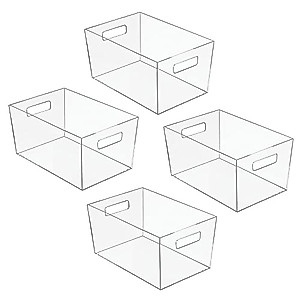 mDesign Plastic Bathroom Organizer Storage Bin with Handles for Organizing Hand Soaps, Body Wash, Shampoos, Conditioners, Hand Towels, Hair Accessories, Body Spray, Mouthwash - Large, 4 Pack - Clear