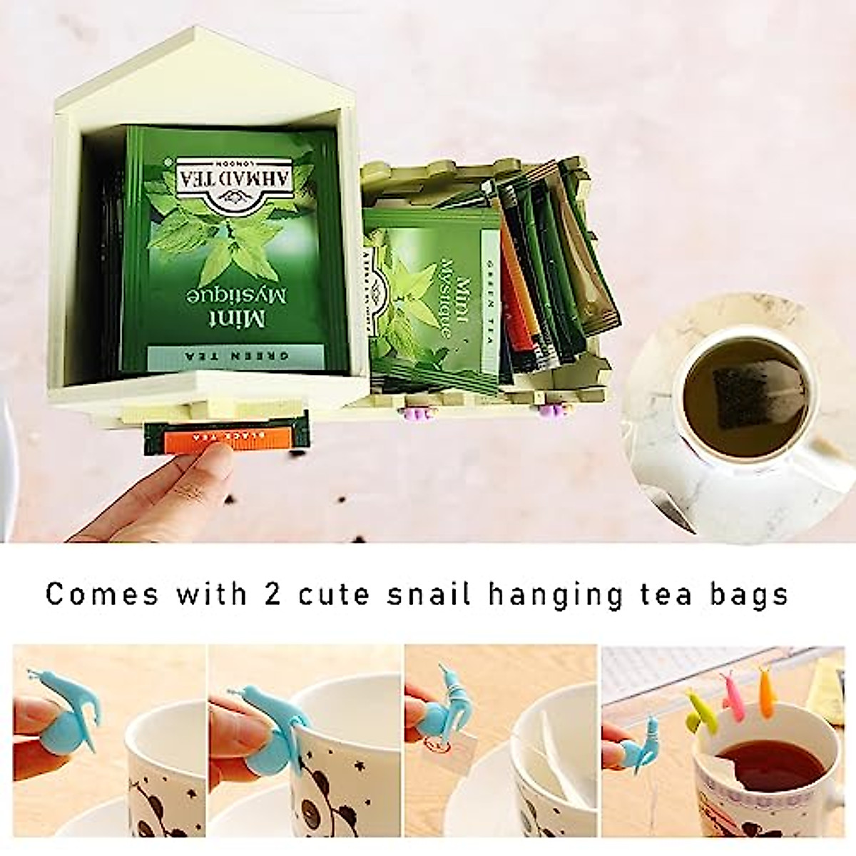 ECOGREDA Tea Bag Organizer for Tea Box, Fun Housewarming Gift,Wooden Tea Bag Holder with Garden, Tea Storage for Tea Bags, Sugar, Sweeteners and Small Items