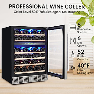 52 Bottles Wine Cooler Under Counter, 24 Inch Dual Zone Wine Fridge with 40～64°F Independent Temperature Control, Safety Lock, All Wood Removable Shelves, Stainless Steel+Glass Door, Dual Zone