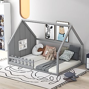 MERITLINE House Bed for Kids Full Montessori Floor Bed Wood Frame with Rails and Window, No Box Spring Needed, for Kids Teens Girls Boys (Full Size, Gray)