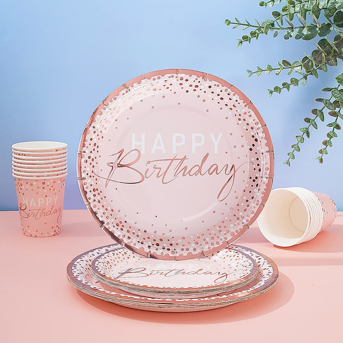 175PCS Happy Birthday Plates and Napkins Party Supplies, Paper Pink and Rose Gold Plates and Napkins with Rose Gold Plastic Forks Knives Spoons Serve 25 Guests for Girl Women Birthday Party Decoration