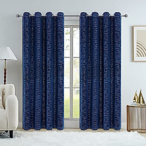 PLWORLD Navy Blue Decorative Velvet Curtains 84 Inch Long for Living Room Bedroom, Soft Luxury Line Pattern Metallic Printed Window Treatment, Grommet Top Drapes 52" W 2 Panels