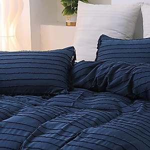 Vaulia Soft Microfiber Textured Duvet Cover Set with Tassels Design, Boho Chic Embroidery Striped Pattern Dark Blue, Queen Size 3-Piece Set (1 Duvet Cover 2 Pillow Shams)