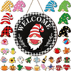 Qunclay Interchangeable Summer Wooden Gnome Decor Holiday Seasonal Tiered Tray Decoration with 24 Magnet Pieces and 8 Detachable Hats Gnome Changeable Welcome Sign for Home (Stylish)
