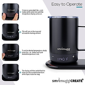 SMRTMUGG Create Heated Coffee Mug, Large 14 OZ, 5 Hour Battery Life, Precision Temperature Adjustment, Battery Powered Heated Coffee Mug Warmer, w/Dual Wireless Charging Pad Phone Charger (Black)