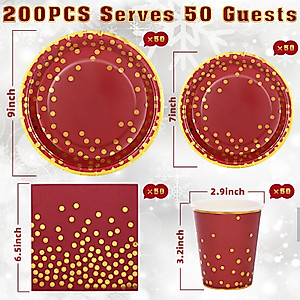 Gudvilla Burgundy and Gold Party Decorations, 200Pcs Burgundy Plates and Napkins Party Supplies, Serve 50, Maroon and Gold Graduation Decorations for Birthday Valentines Graduation Plates