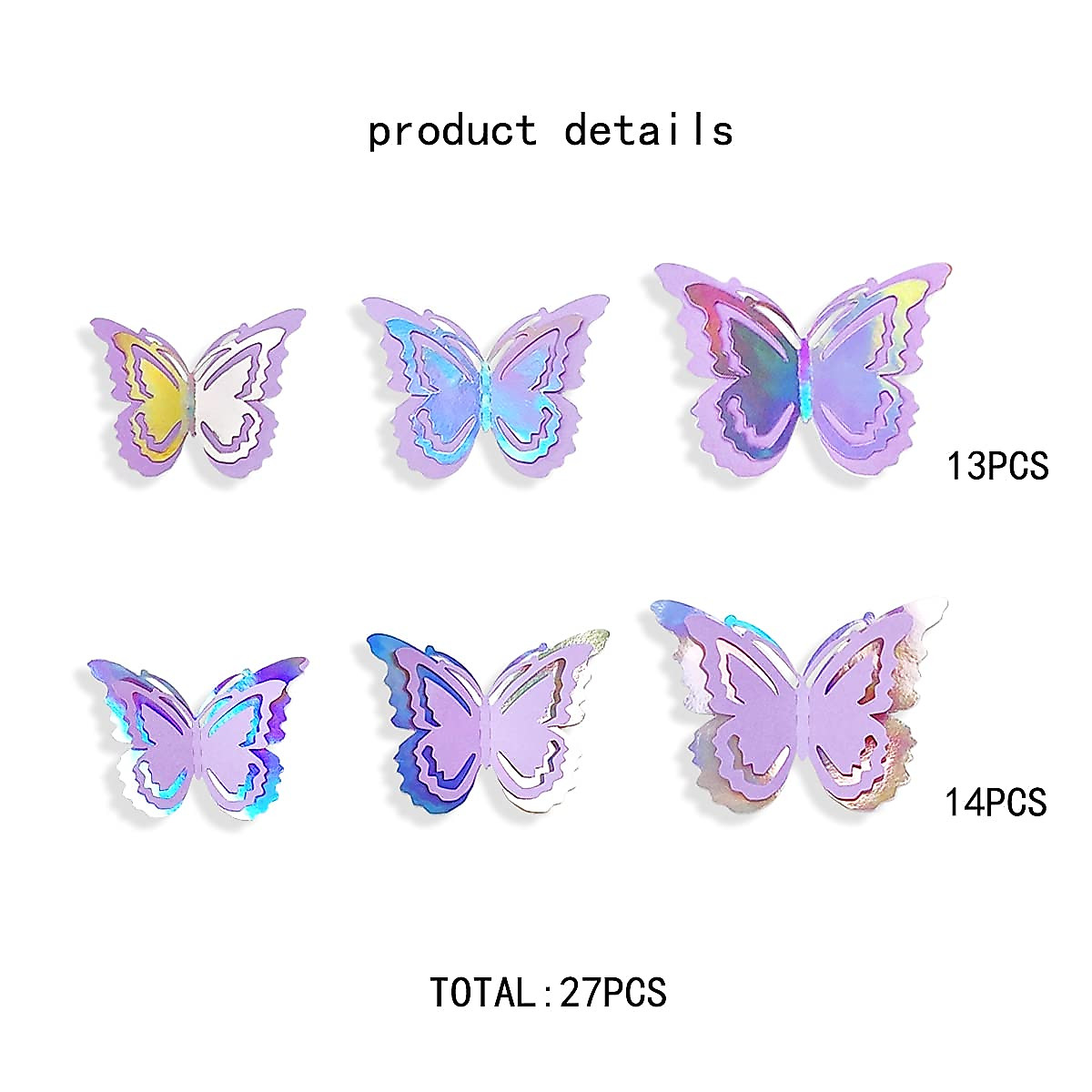 pinkblume Iridescent Purple Butterfly Decorations Stickers Lavender 3D Butterfies Wall Art Removable Wall Decals for Mermaid Pastel Home Living Room Baby Bedroom Showcase Nursery Decor (27PCS)