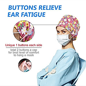 4 Packs Working Caps with Button and Sweatband, Adjustable Bouffant Scrub Caps Women Dental Scrub Hats Nurse Caps Women Men