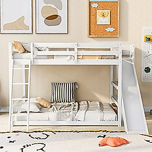 BOVZA Full Over Full Bunk Beds with Slide, Wood Floor Low Bunk Bed Frame with Storage Shelves and Ladder for Kids Boys Girls Teens, White