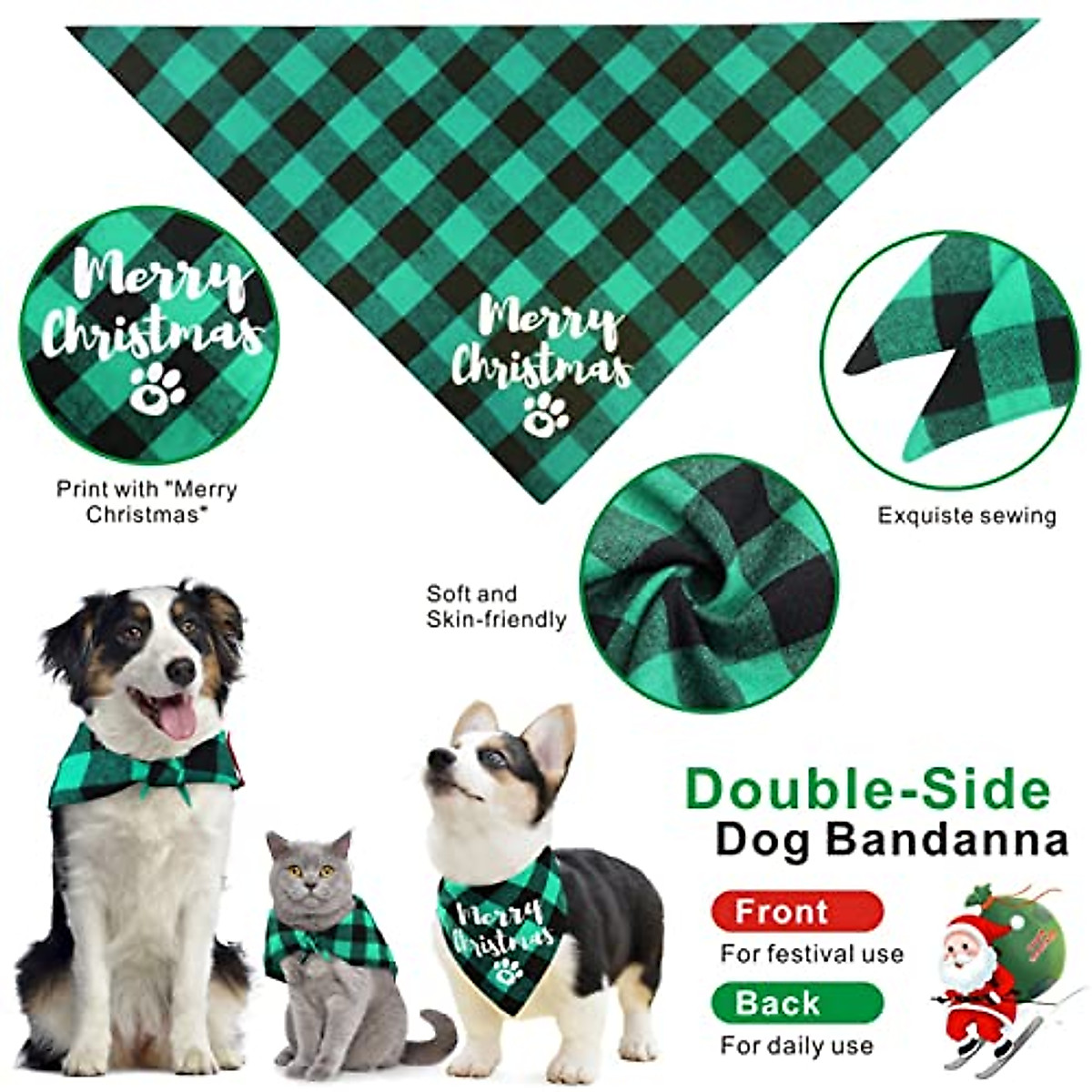 Idepet 3 PCS Christmas Dog Bandanna Bow Tie Collar with Reindeer Headband Costume Xmas Pet Plaid Triangle Bibs Scarf Kitten Adjustable Bow Tie for Cats and Dogs Puppy Christmas Decoration (Green)