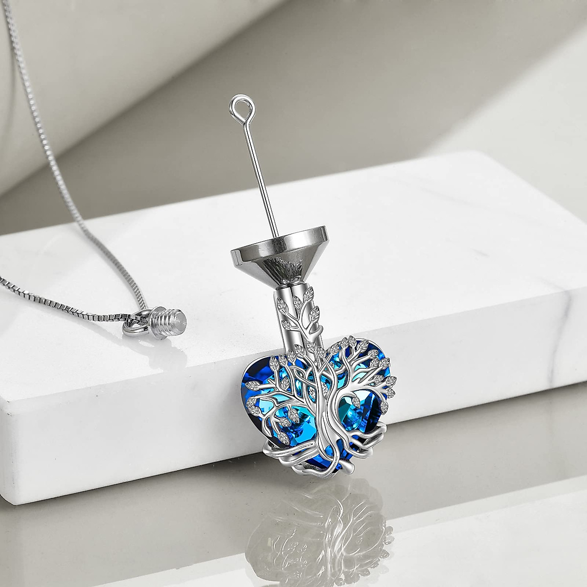 YFN Urn Necklace for Ashes for Women Tree of Life Heart Cremation Jewelry Sterling Silver with Blue Crystal with Funnel Filler Urn Jewelry Gifts for Women