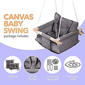 CaTeam - Canvas Baby Swing, Wooden Hanging Swing Seat Chair with Safety Belt, Durable Baby Hammock Chair, Outdoor and Indoor Swing for Kids, Mounting Hardware Included, Dark Gray