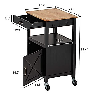 Rolling Kitchen Island Cart with Storage, Farmhouse Kitchen Cart on Wheels, Kitchen Cabinet with Barn Door and Drawer for Dining Room, Wood Top & Side Hooks, 36” H, Black