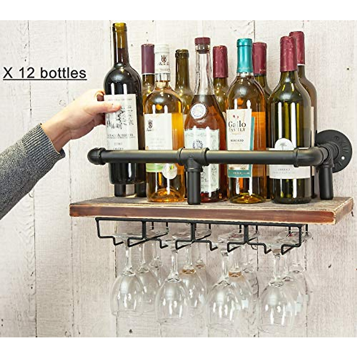 Industrial Wall Mounted Wine Rack, Wine Bottle Stemware Glass Rack, Floating Shelf Pipe Hanging Shelving with Glass Holders for Wine Glasses, Flutes, Mugs, Kitchen, Bar, (Retro Brown And Black)