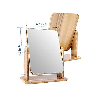 LOTIKO Natural Wooden Vanity Makeup Mirror,7 Inch Single Sided 360 Degree Swivel Mirror,Portable Removable Countertop Private Room High-Definition Desk Mirror(Square)